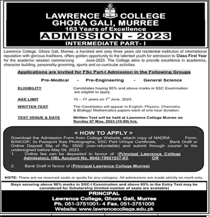 Lawrence College Ghora Gali Murree Admission 2023 Test Date Result